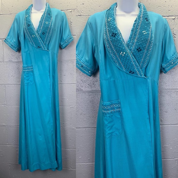 Other | Vintage Turquoise Blue Smocked Embroidered Dressing Gown House ...